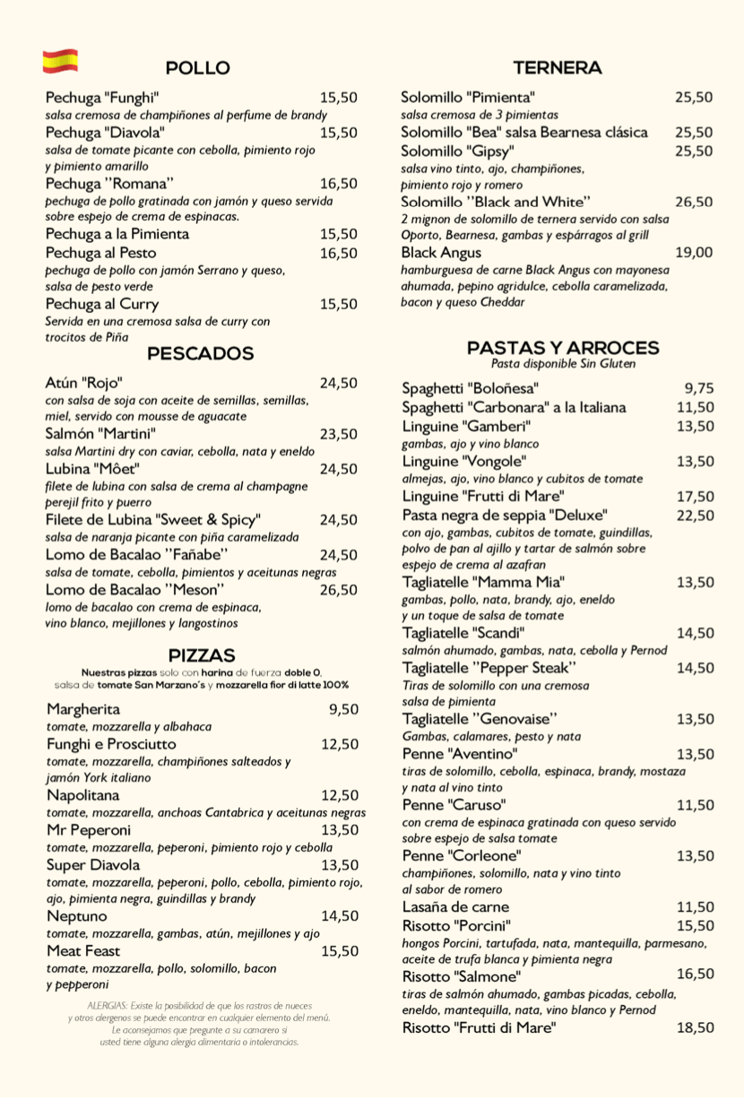 Restaurant Amalfi | MENU Espanol