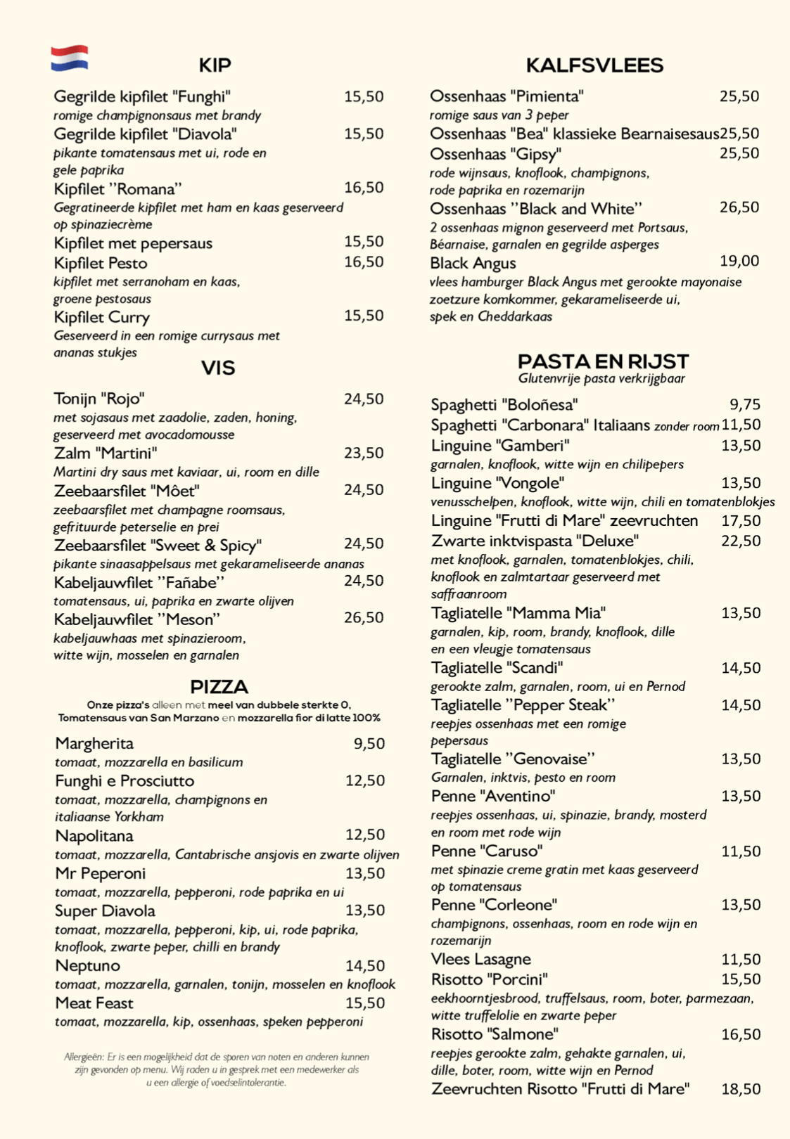 Restaurant Amalfi | MENU NEDERLANDS