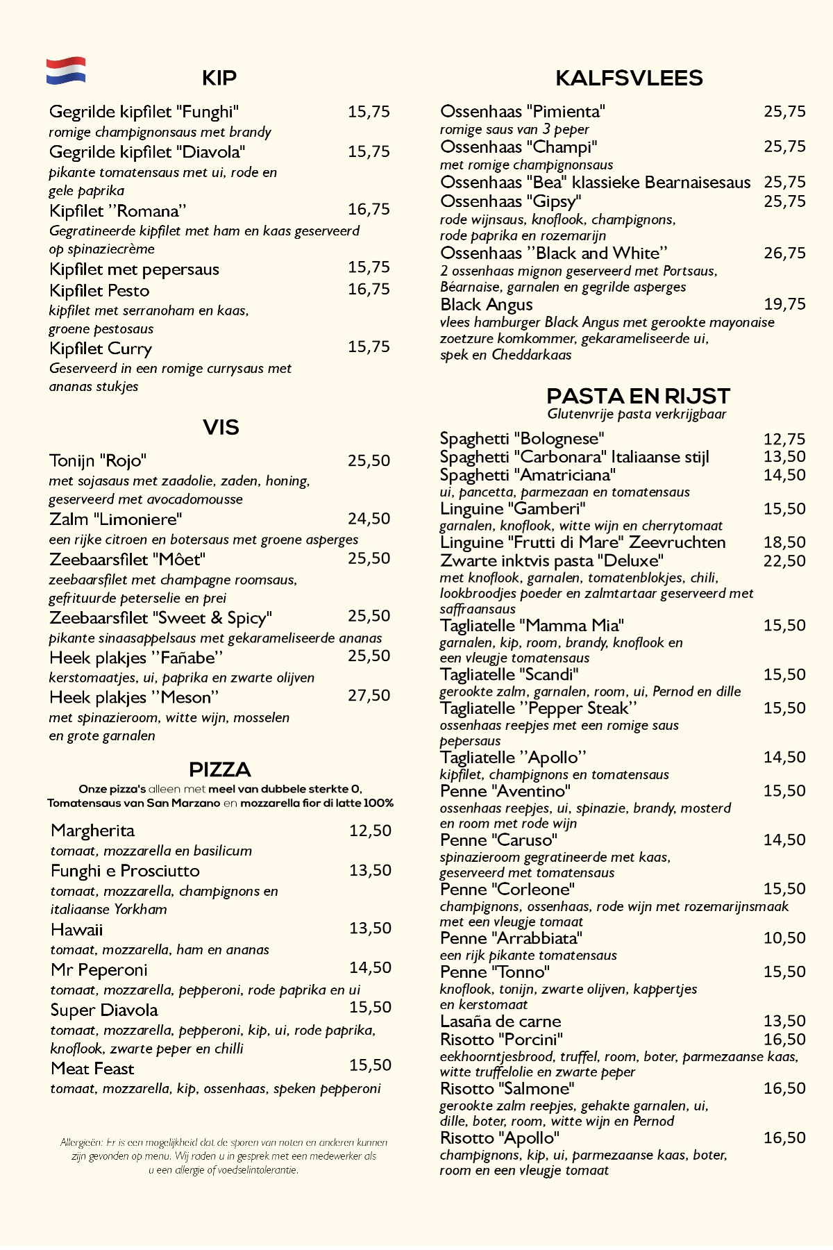 Restaurant Amalfi | MENU NEDERLANDS